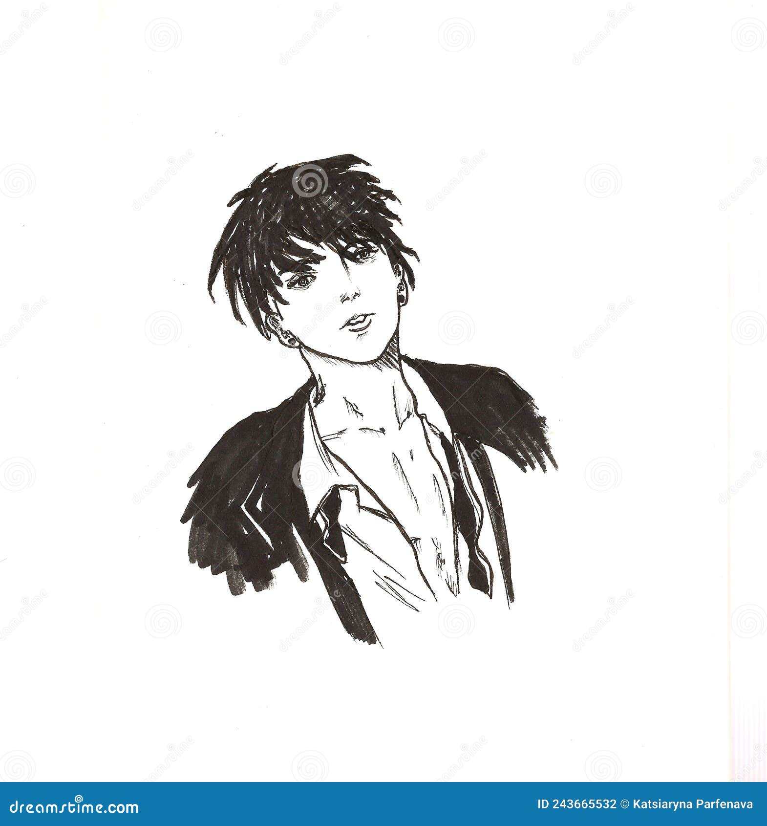 Drawing with a Pen Anime Guy Man Work Writing Stock Illustration ...