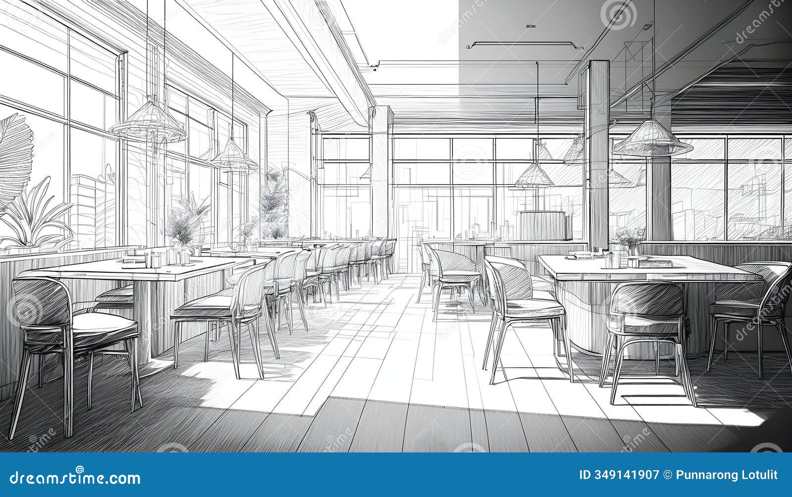 Drawing Pen with Pencil Black and White Interior Restaurant Stock ...