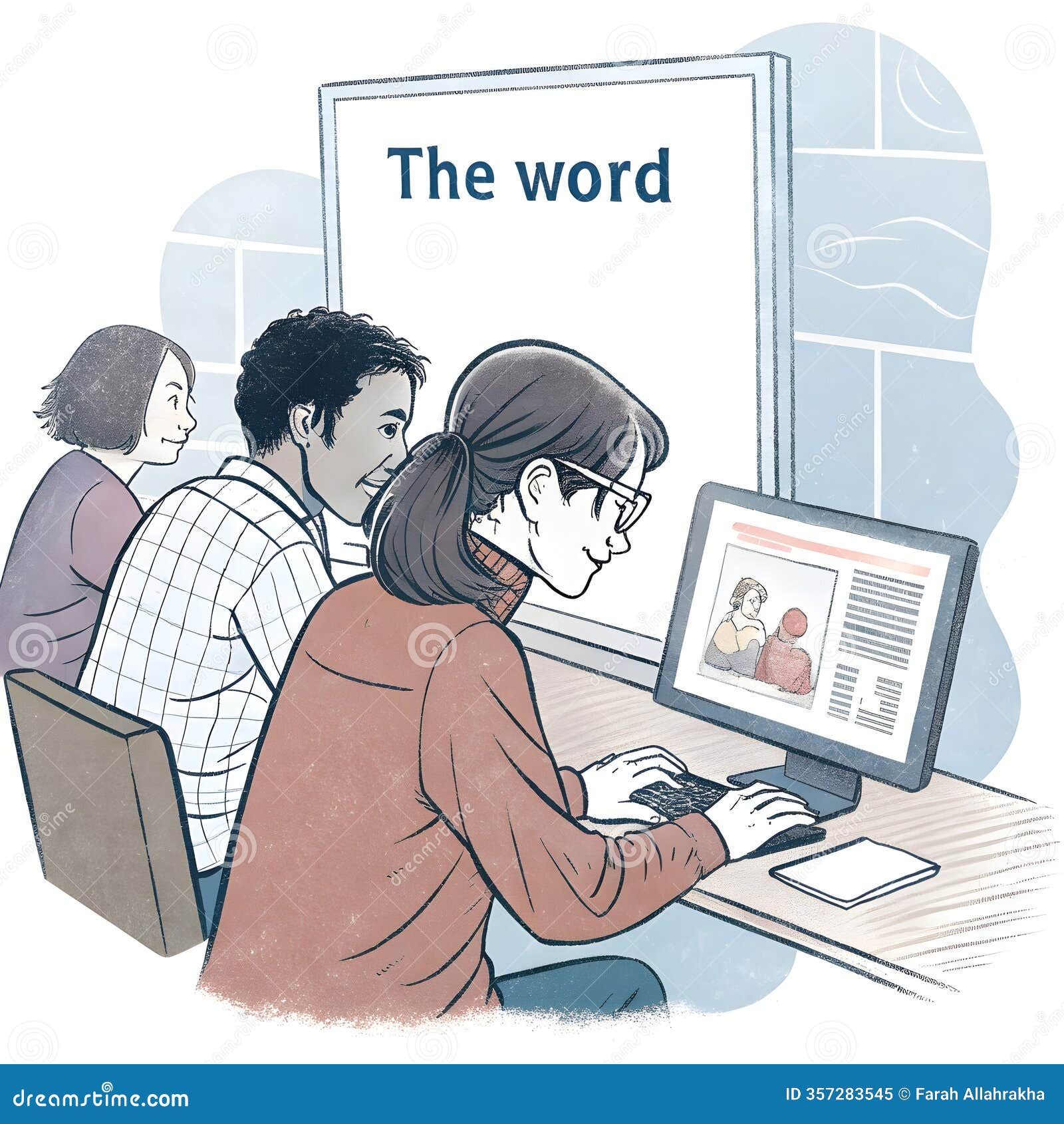 A Drawing of People Working at Computers in an Office, Focusing Stock ...