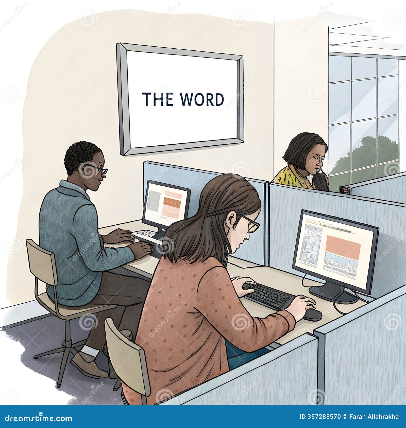 A Drawing of People Working at Computers in an Office, Focusing Stock ...