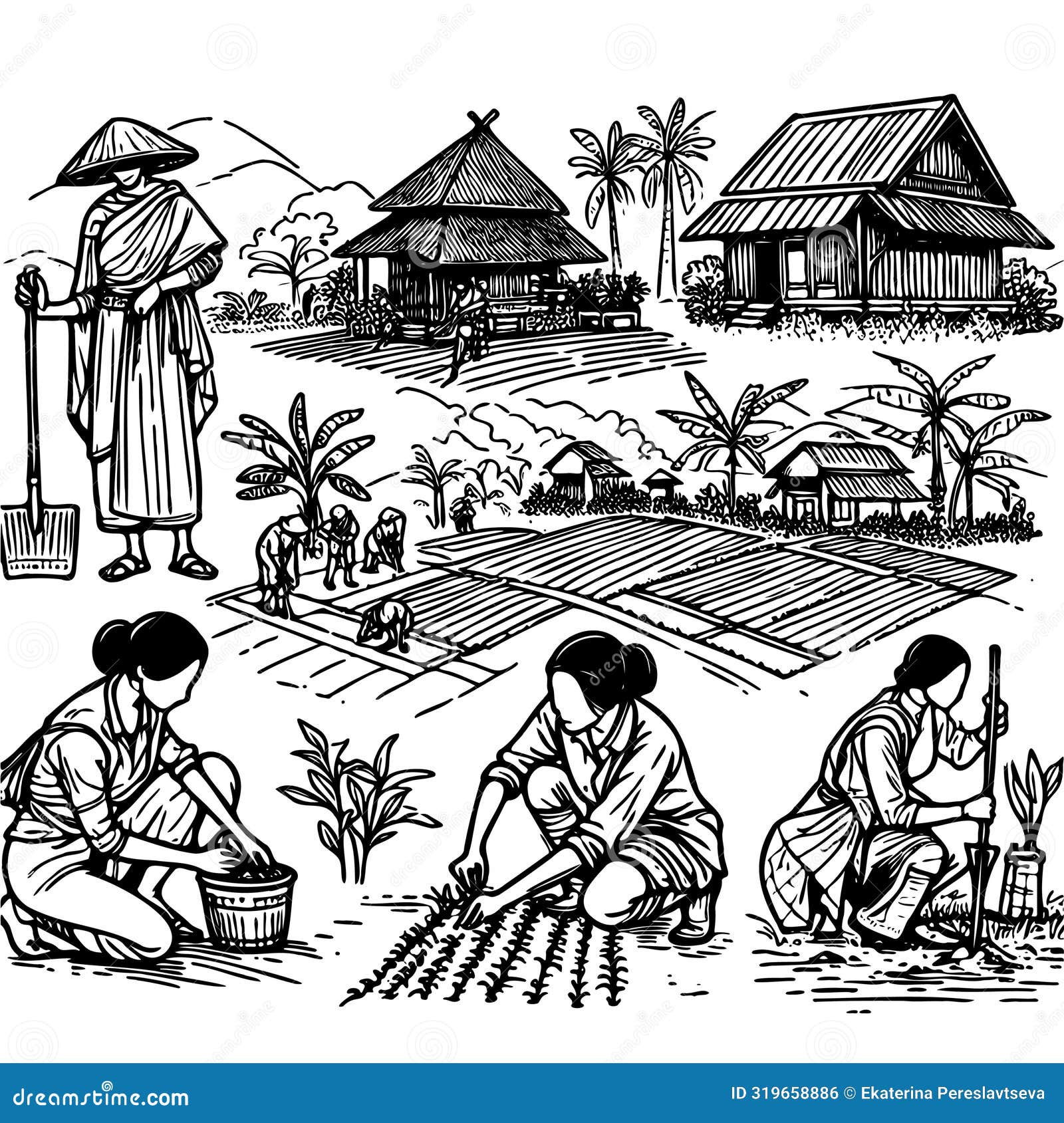 A Drawing of People Working in a Field Stock Vector - Illustration of ...