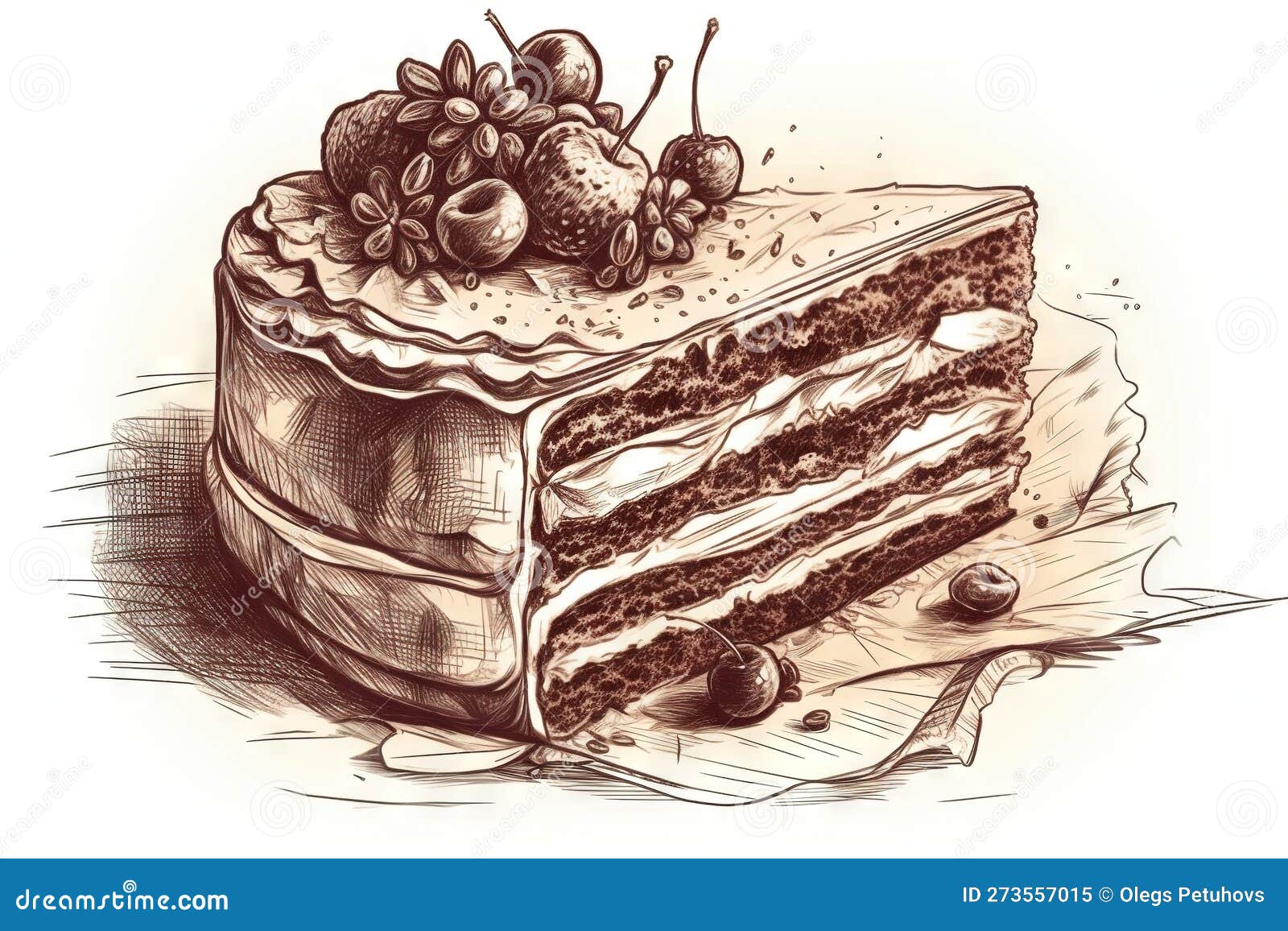 A Drawing of a Piece of Cake on a Plate with a Fork and Berries on the ...