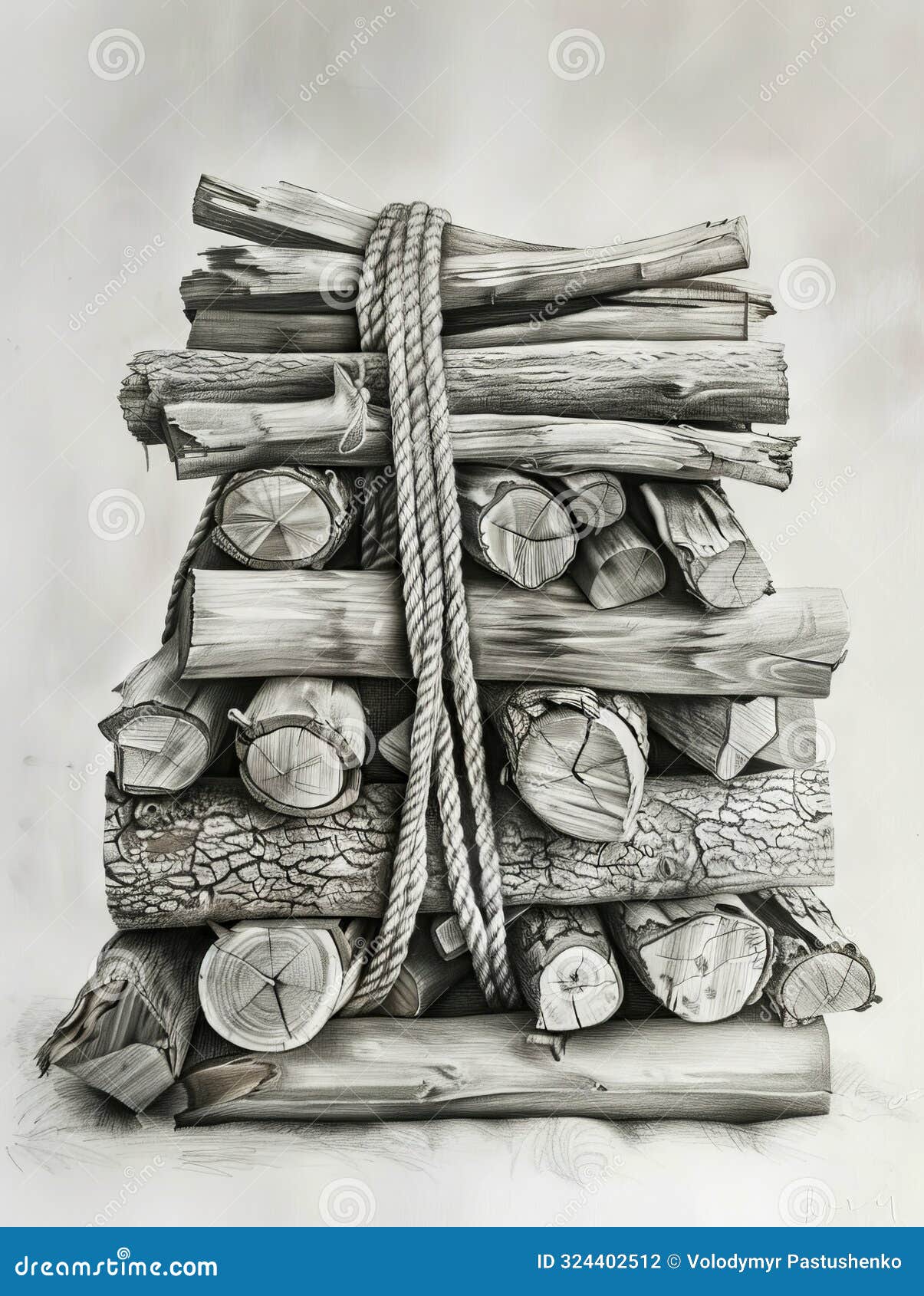 A Drawing of a Pile of Wood with Rope Stock Photo - Image of white ...