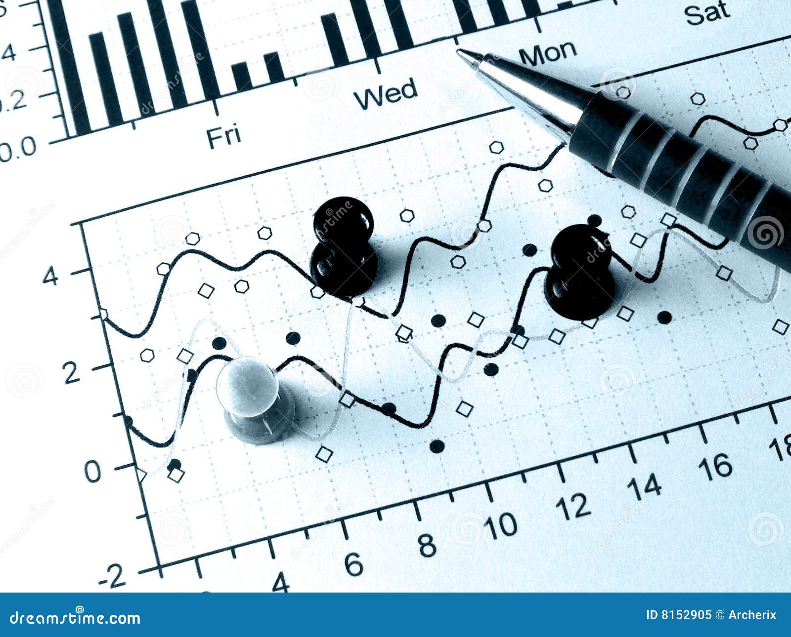 Drawing-pins and Pen (in Blue) Stock Image - Image of investing, market ...