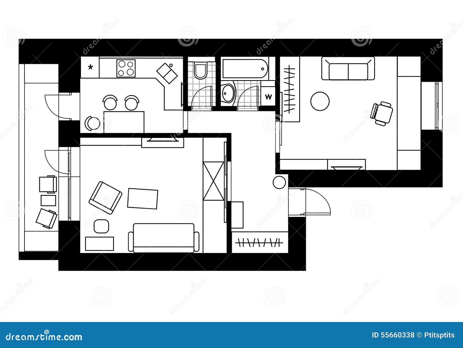 Drawing Plan Interior of the Apartment with One Bedroom Stock Vector ...
