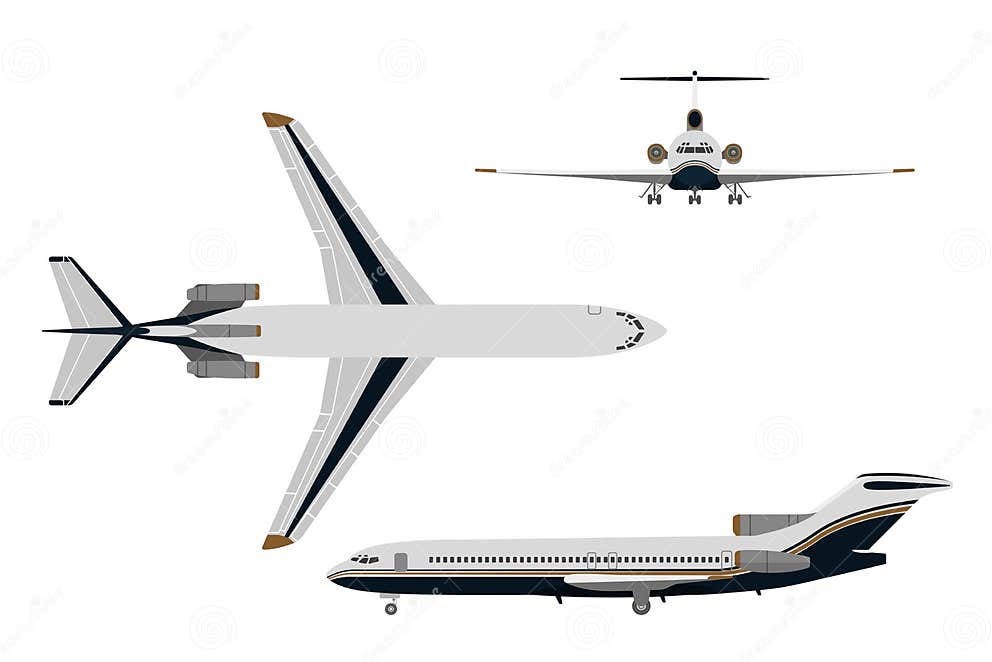 Drawing Plane in a Flat Style on a White Background. Top, Front, Side ...