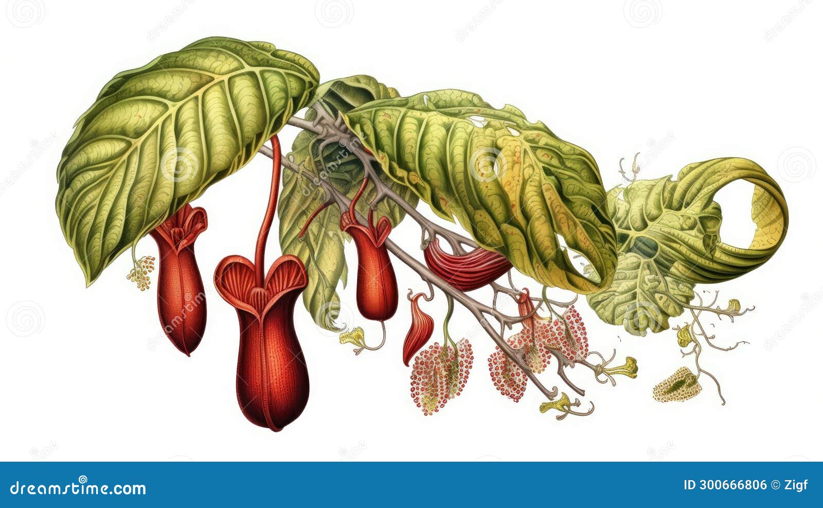 Drawing of Plant with Red Flowers and Leaves Stock Illustration ...