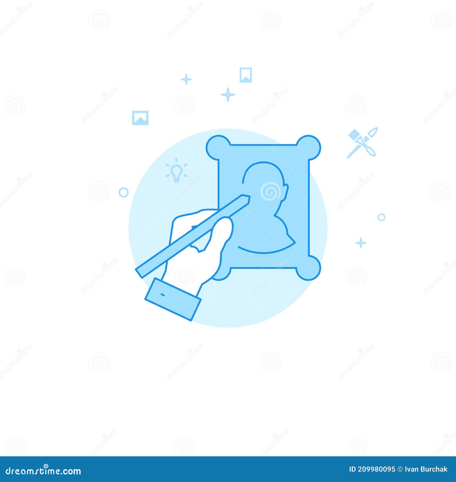Drawing a Portrait Flat Vector Illustration, Icon. Light Blue ...