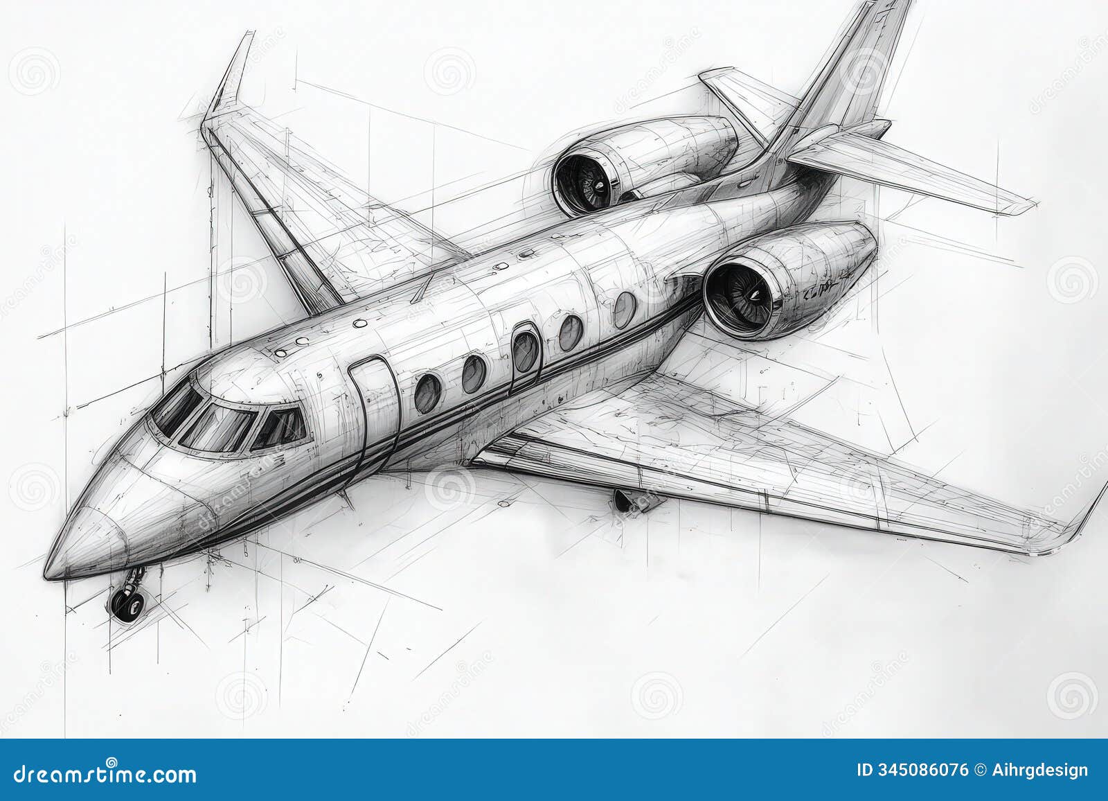 Detailed Technical Sketch of a Private Jet Showcasing Design Features ...