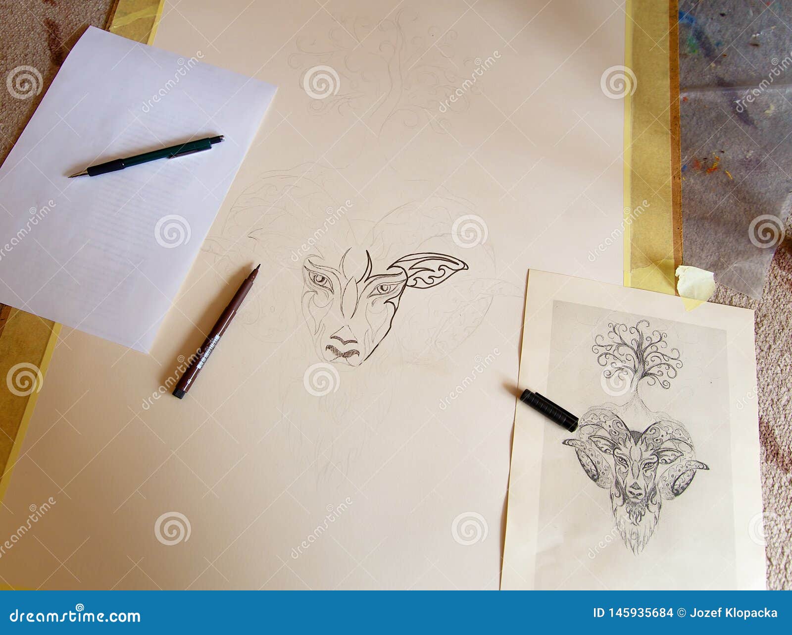 Drawing in Progress, Artist Creating a Picture Step by Step. Stock ...