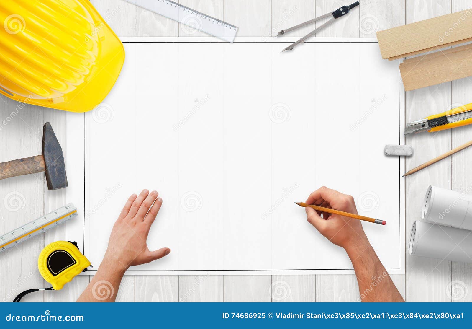 Drawing Project on Blank Paper. Free Space for Plan or Text Stock Image ...