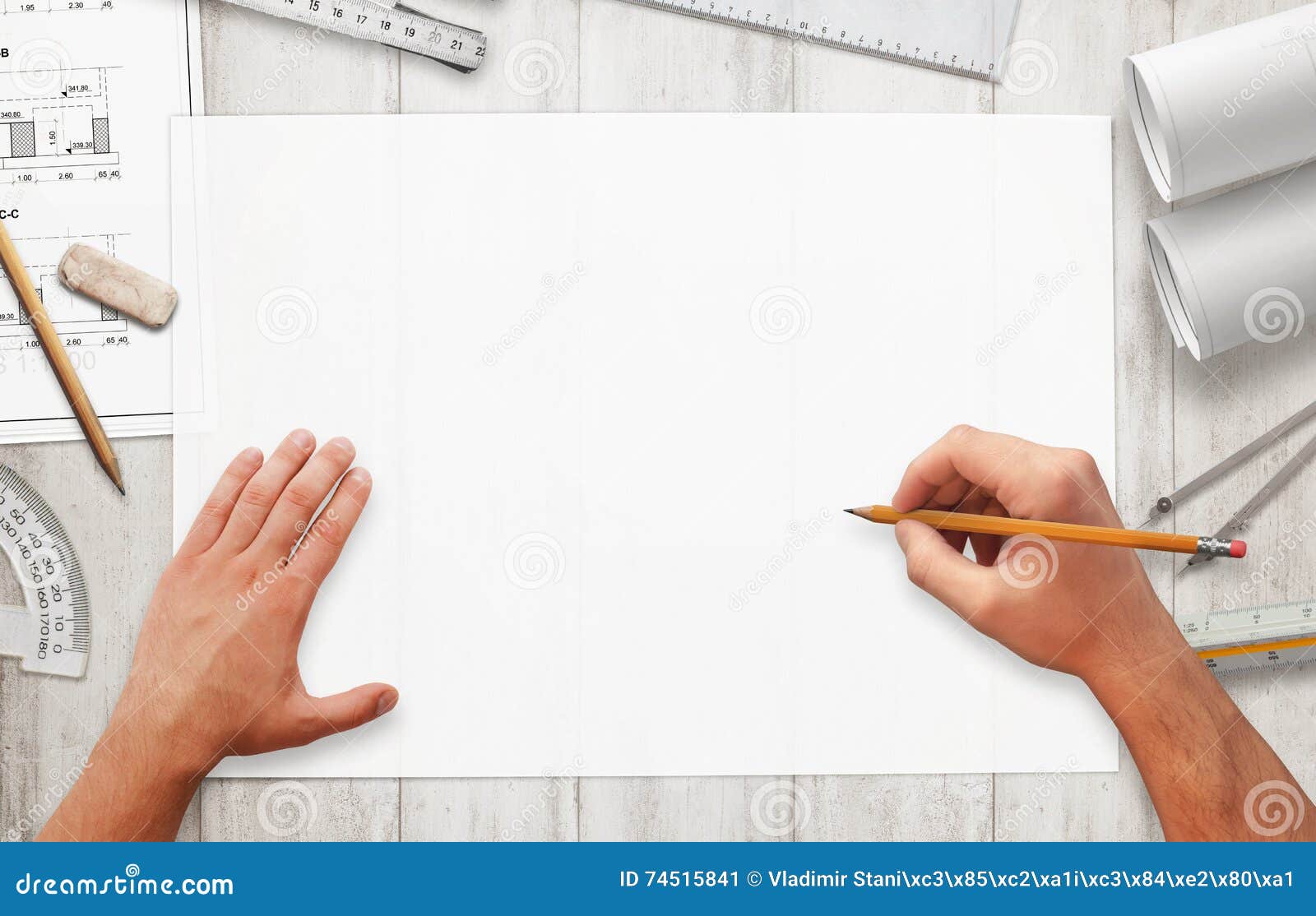 Drawing Project on Blank White Paper. Stock Image - Image of engineer ...