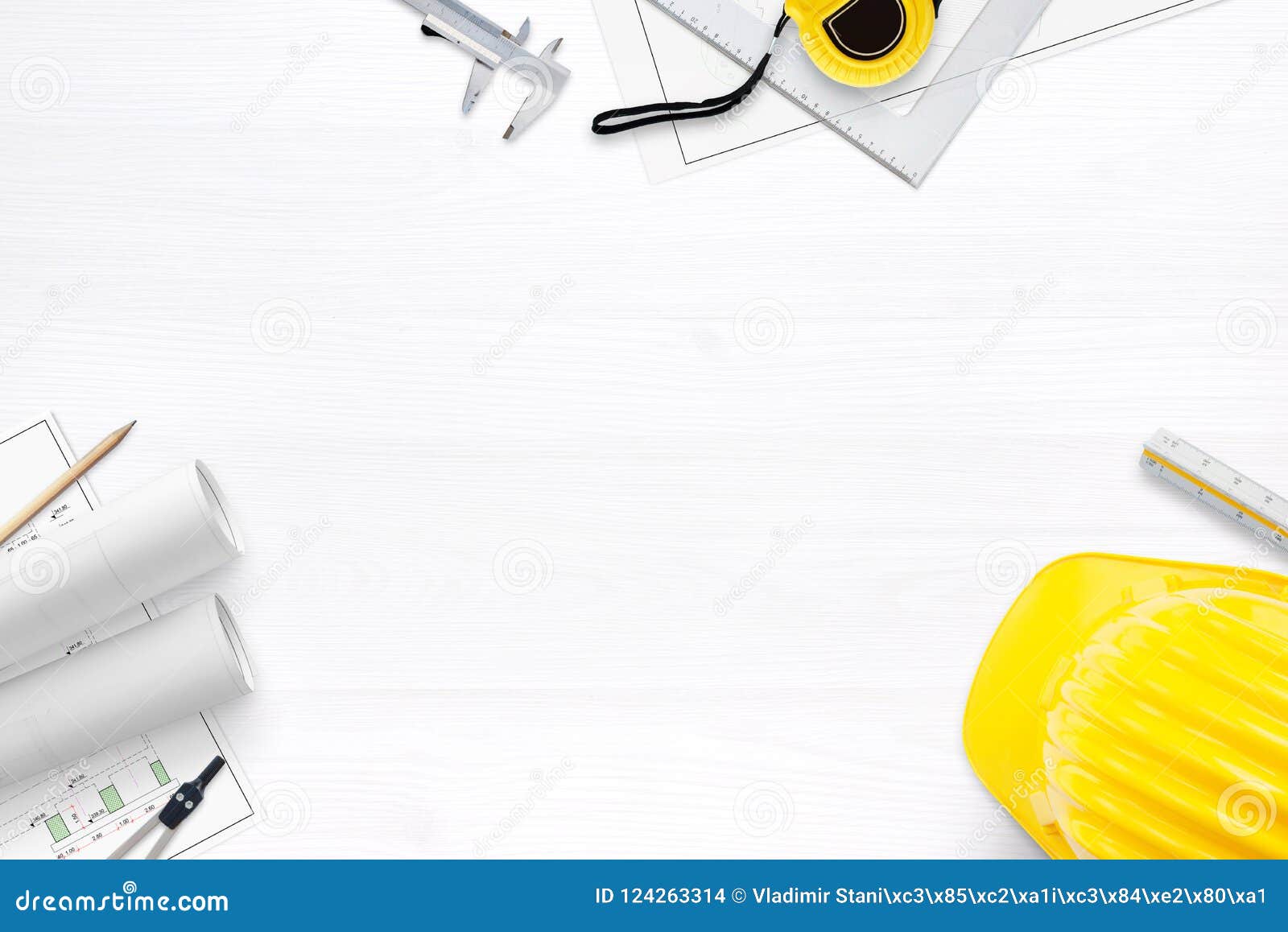 Drawing a Project on a Work Desk. Project Papers and Tools beside Stock ...