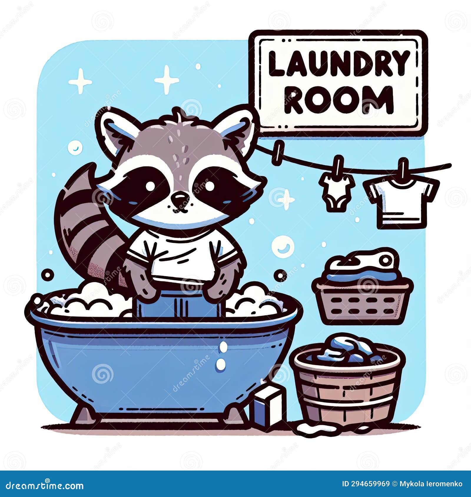A Drawing of a Raccoon Doing Laundry in the Bathtub Stock Illustration ...