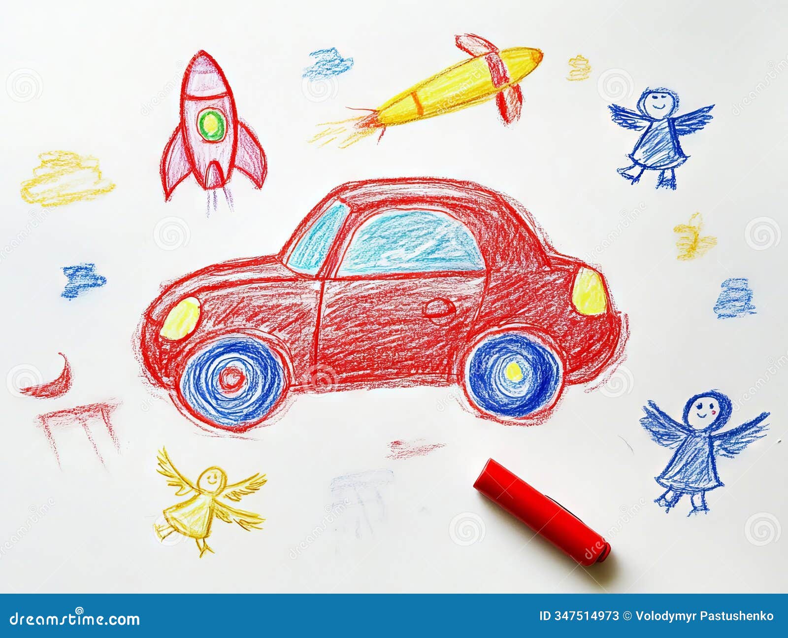 A Drawing of a Red Car with a Red Crayon Next To it Stock Image - Image ...