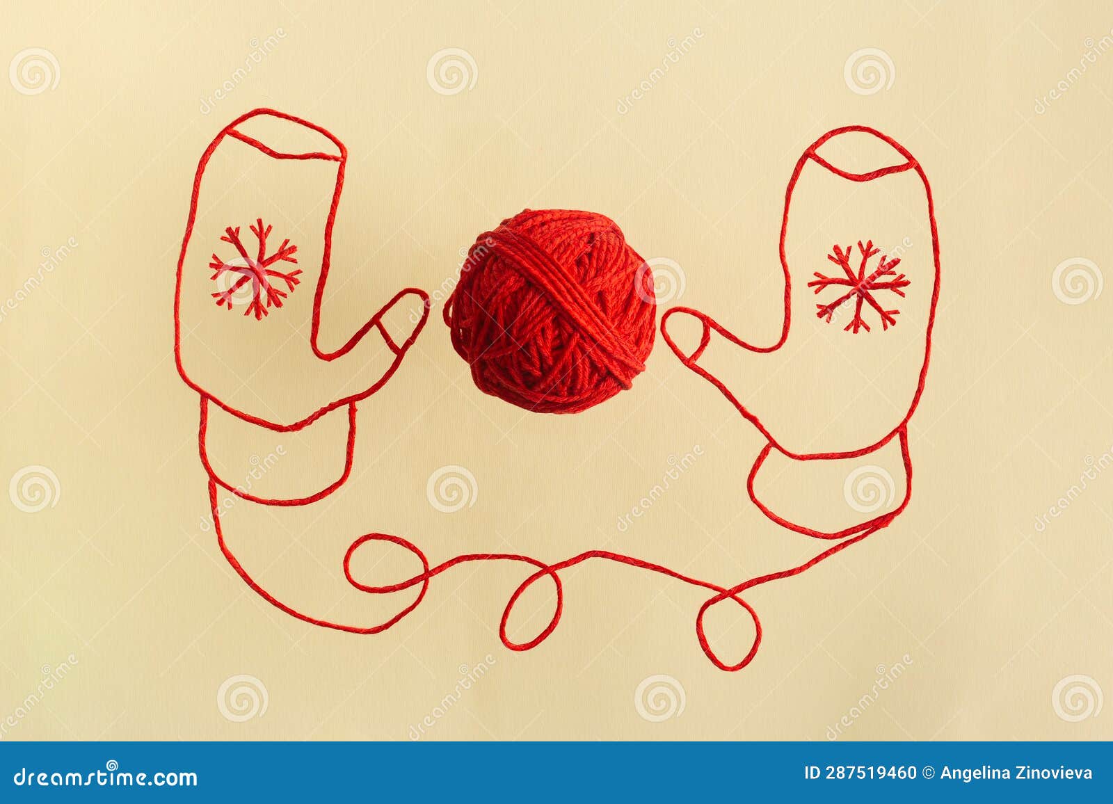 Drawing of Red Mittens from Wool Threads with Ball Integrated Knitting ...