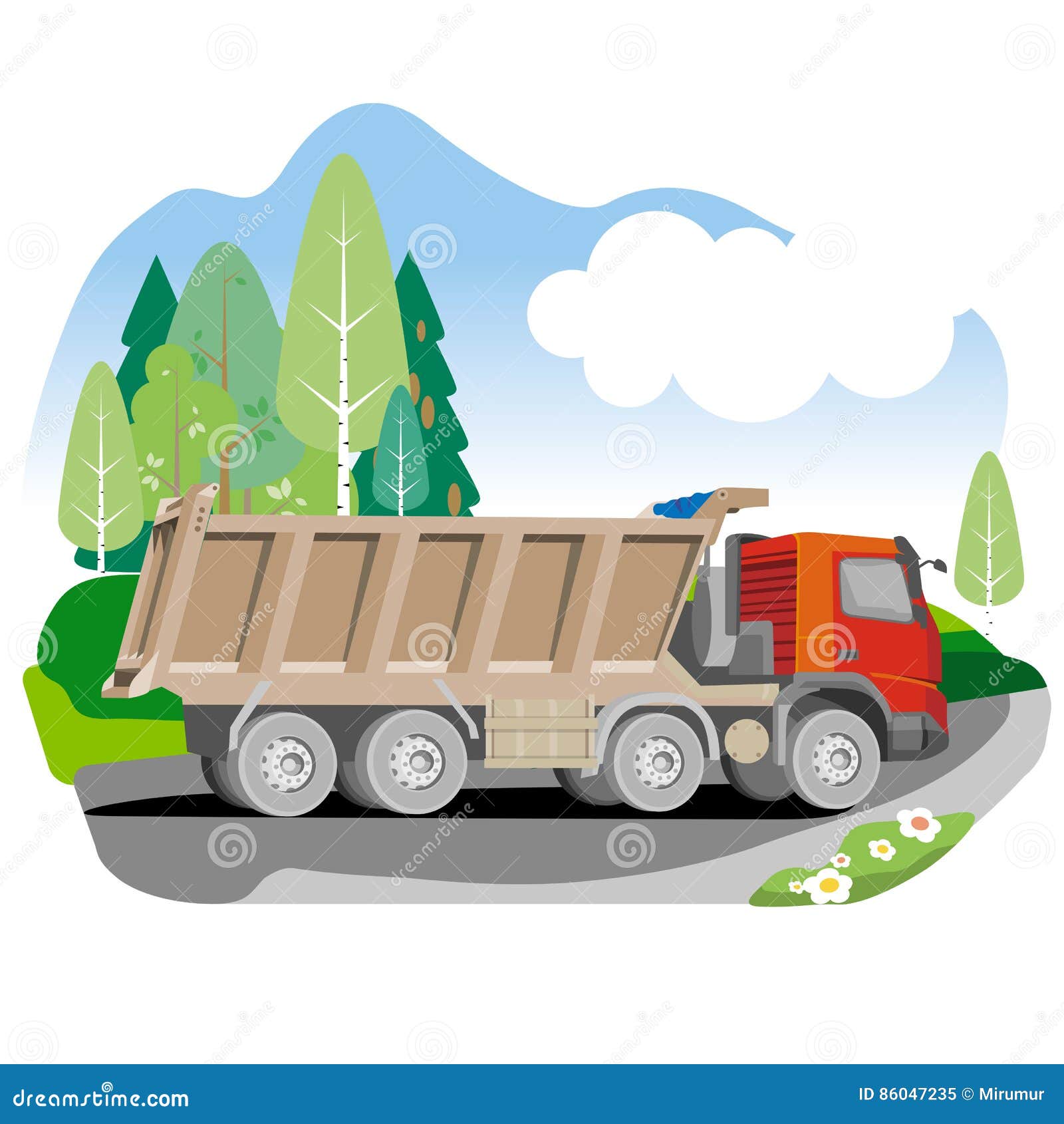 Drawing Red Tipper Dump Truck In Summer Background Cartoon Vector ...