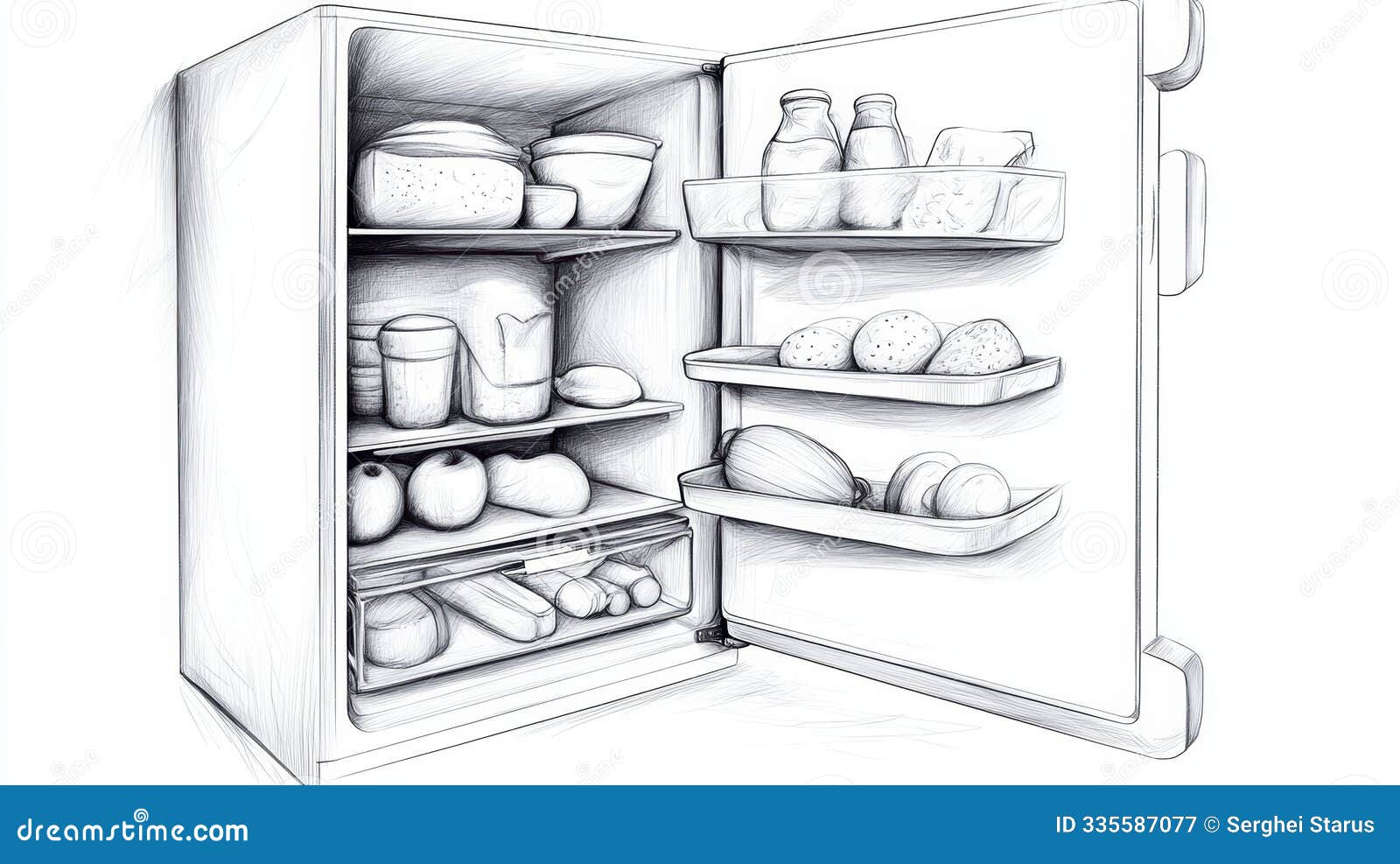 A Drawing of a Refrigerator with Food Inside and Open, AI Stock Image ...