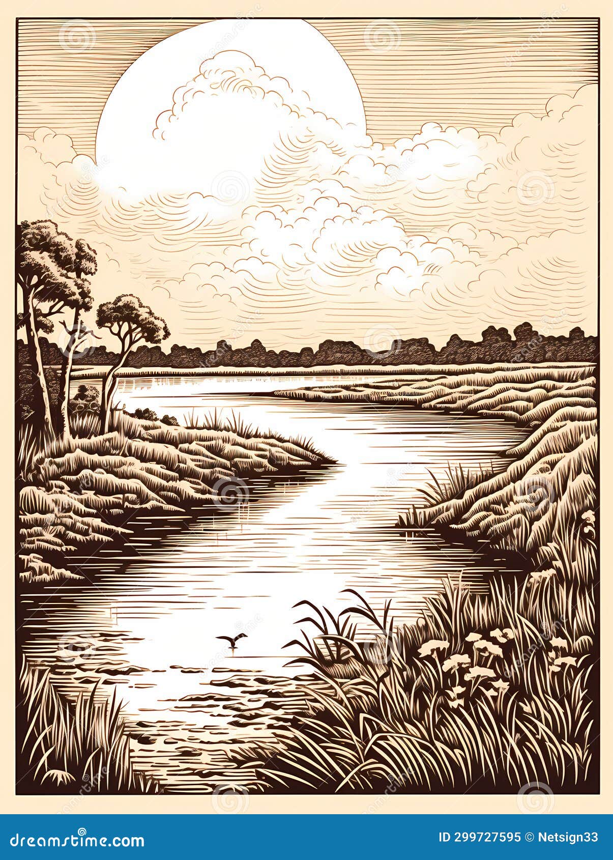 A Drawing Of A River With Grass And Trees, Everglades National Park ...