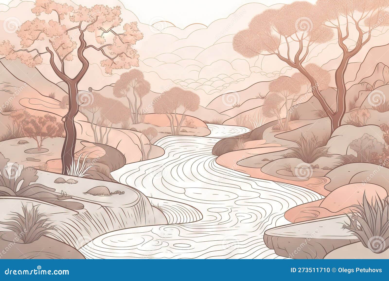 A Drawing of a River Running through a Forest Filled with Trees Stock ...