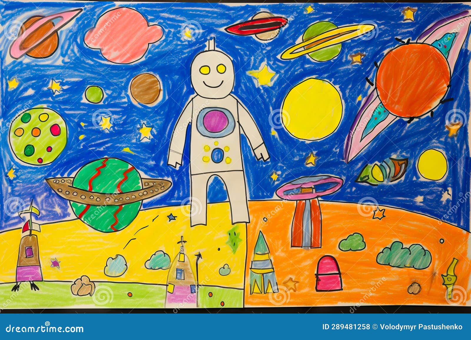 Drawing of Robot in Space with Planets and Stars. Generative AI Stock ...