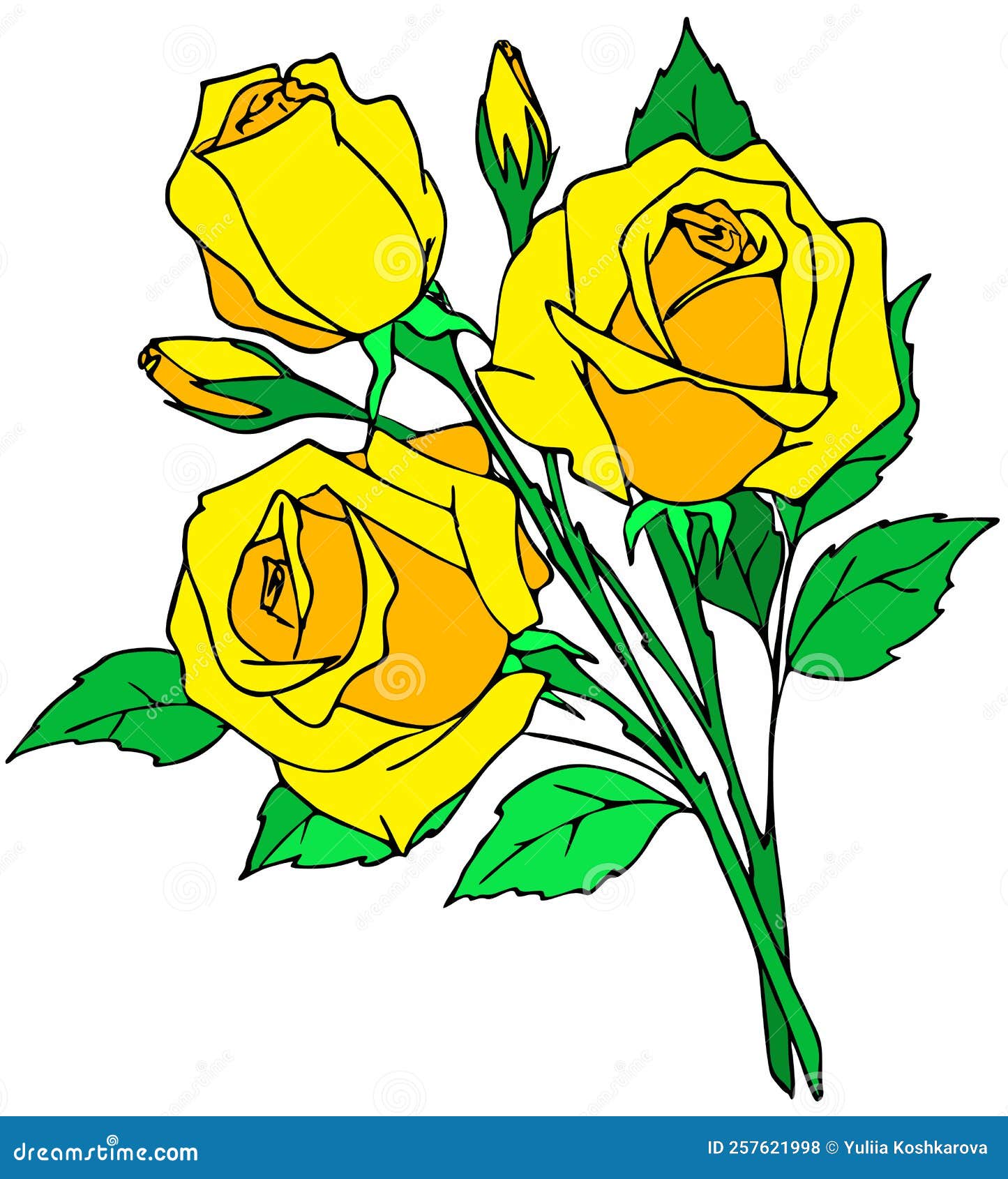Drawing Rose Branch with Yellow Flower and Leaves, Isolated Element ...
