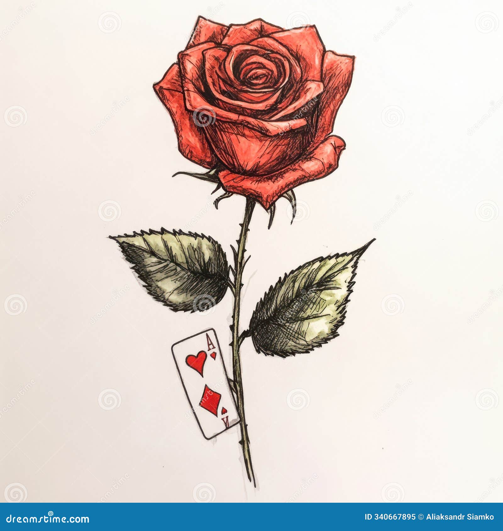 A Drawing of a Rose with a Playing Card Stock Illustration ...