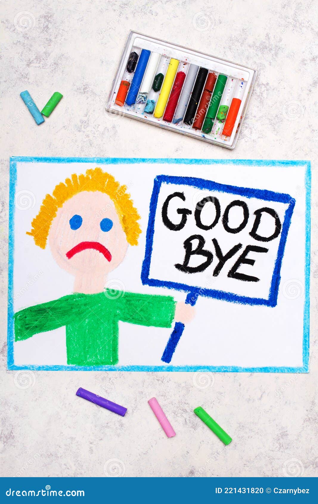 Drawing: Sad Boy Holding a Sign with Text GOOD BYE Stock Photo - Image ...