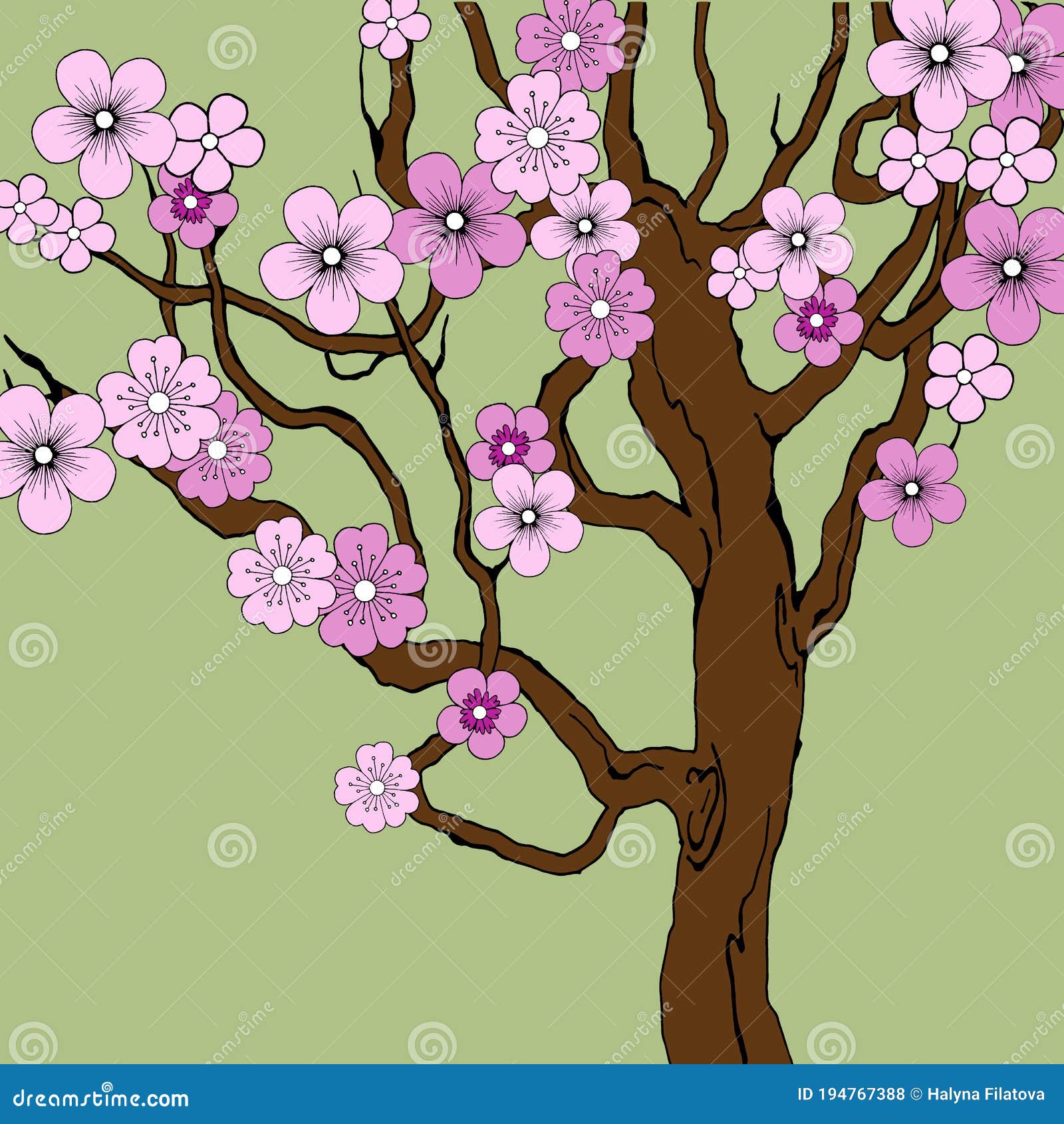 1401 Sakura, Drawing, Sakura Tree with Flowers, Vector Illustration ...