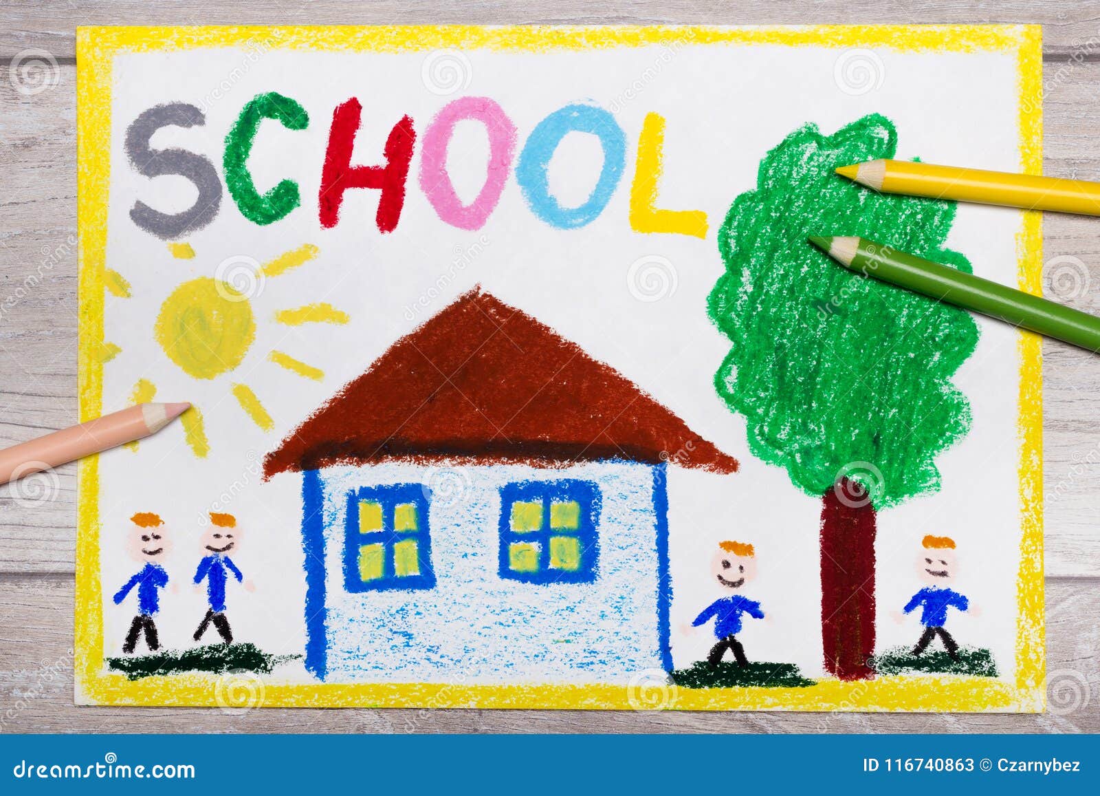Drawing: School Building and Smiling Students Stock Illustration ...