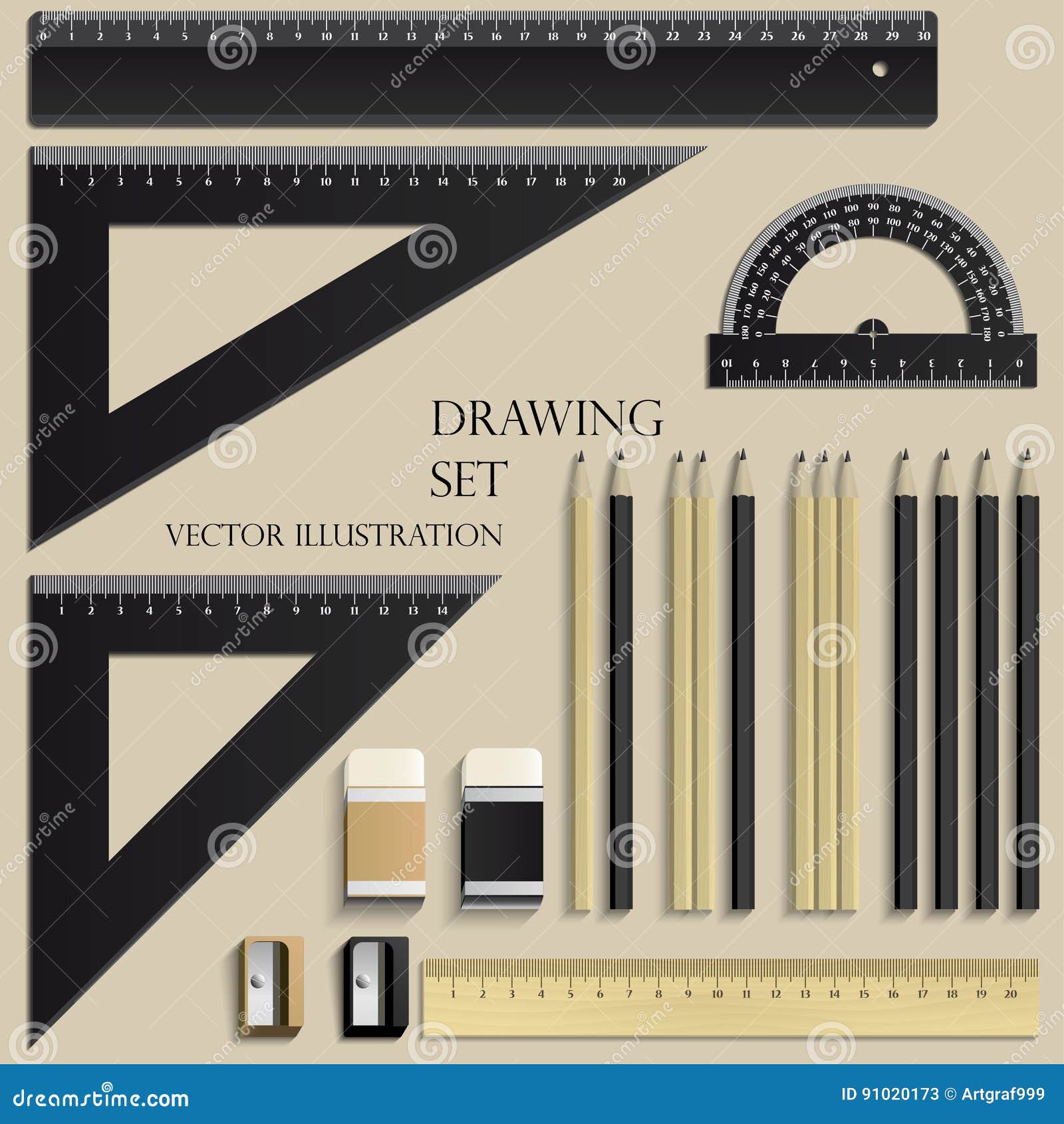 Drawing Set, Ruler, Protractor, Pencils Design Element Illustration ...
