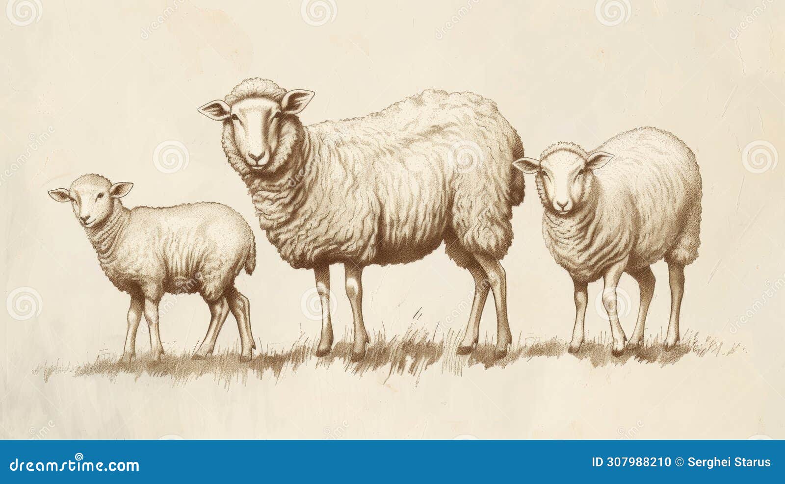 A Drawing of a Sheep and Two Lambs Standing in the Grass, AI Stock ...