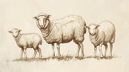 A Drawing of a Sheep and Two Lambs Standing in the Grass, AI Stock ...