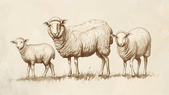 A Drawing of a Sheep and Two Lambs Standing in the Grass, AI Stock ...