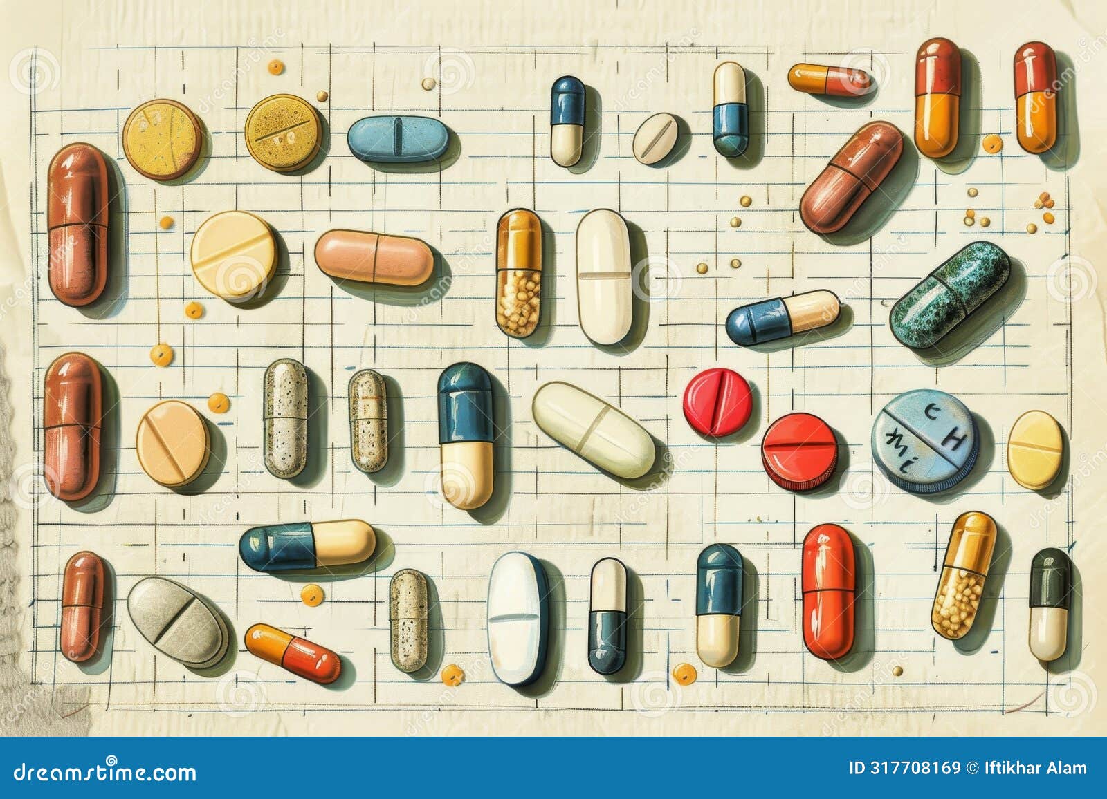 Drawing Showing Various Pills Positioned on a Grid for Medical ...