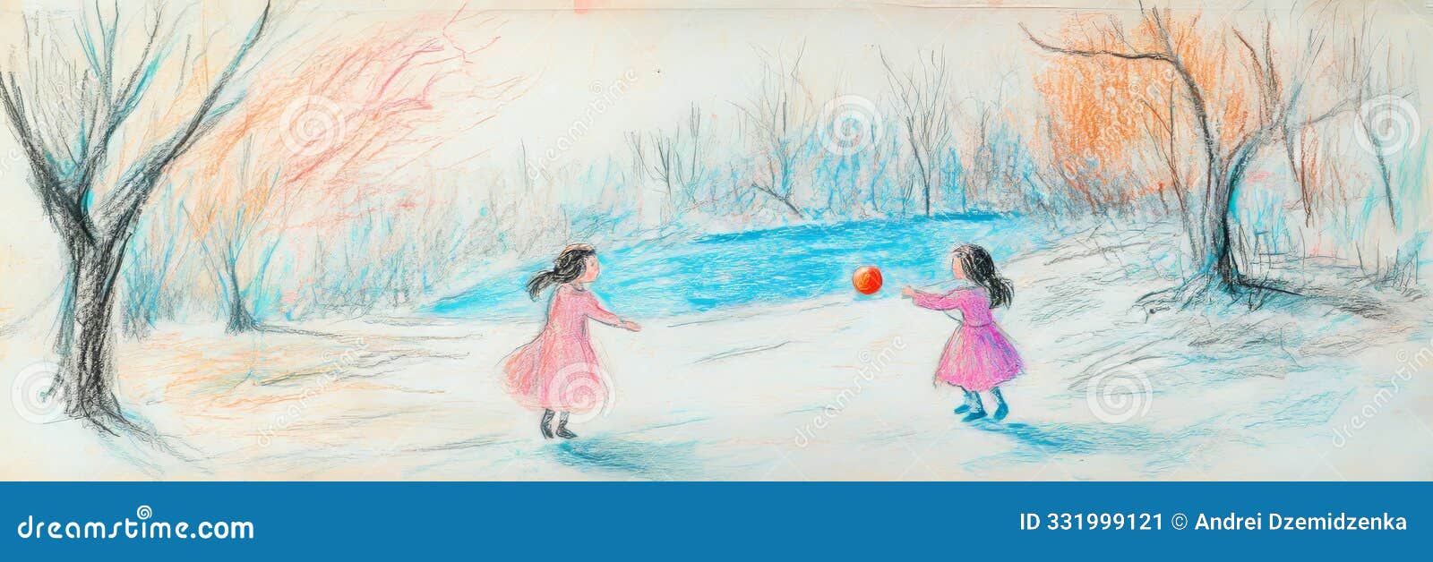 Drawing of Siblings Playing Ball in a Pool Made with Crayons Stock ...