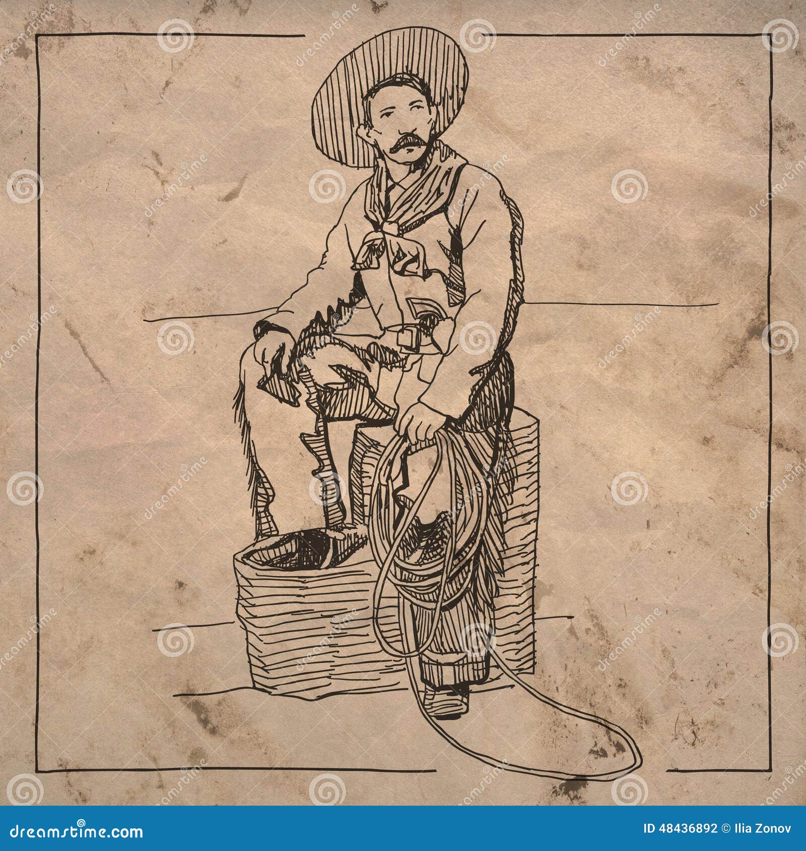 Drawing of sitting cowboy stock illustration. Illustration of sketch ...