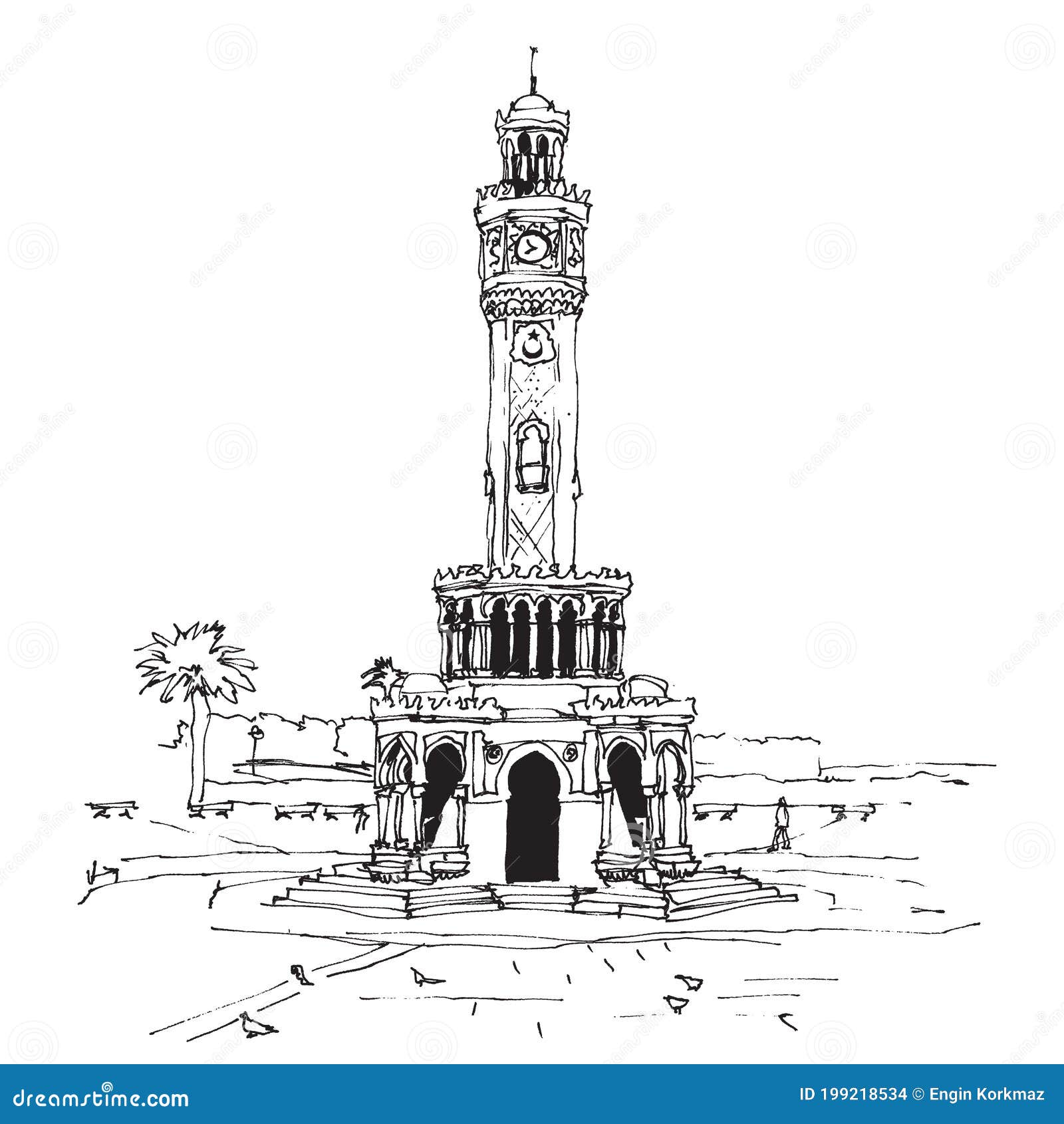 Drawing Sketch of the Clock Tower at Konak Square in Izmir, Turkey ...