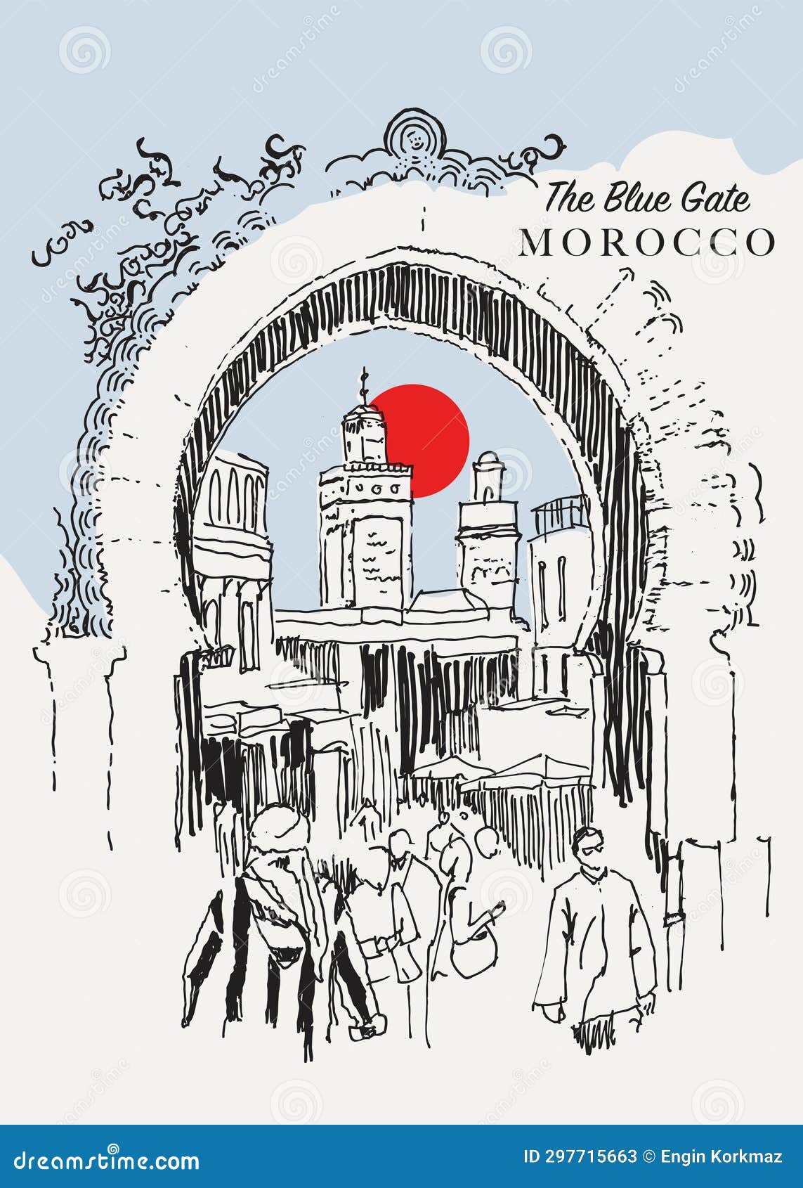 Drawing Sketch Illustration Of The Blue Gate In Fez, Morocco Cartoon ...