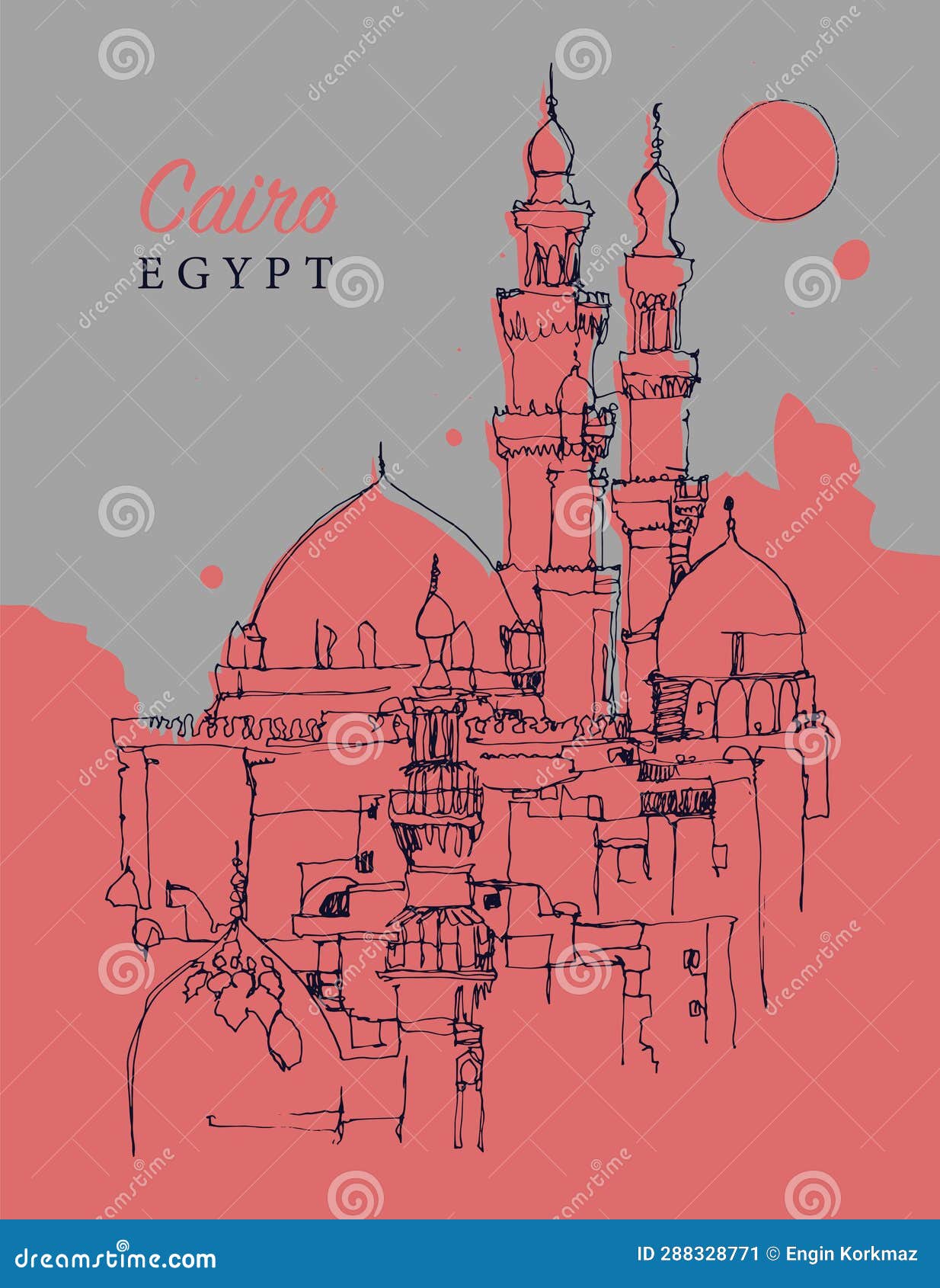 Drawing Sketch Illustration of Minarets and Domes of Mosques in Cairo ...