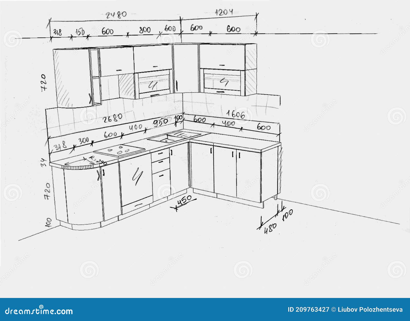 Drawing, Sketch of Kitchen Furniture with Dimensions Stock Illustration ...