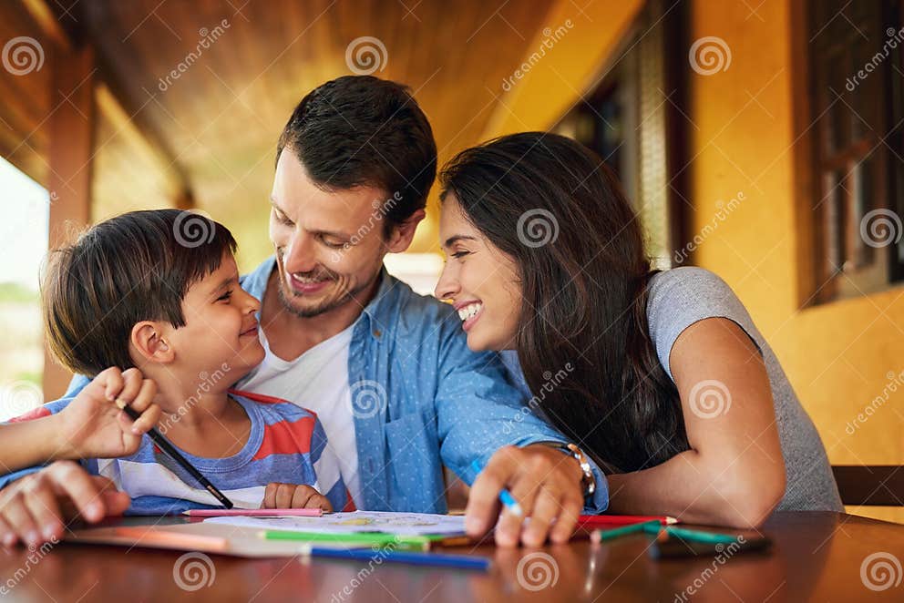 Drawing, Smile and Homework with Family at Table for Education, Support ...