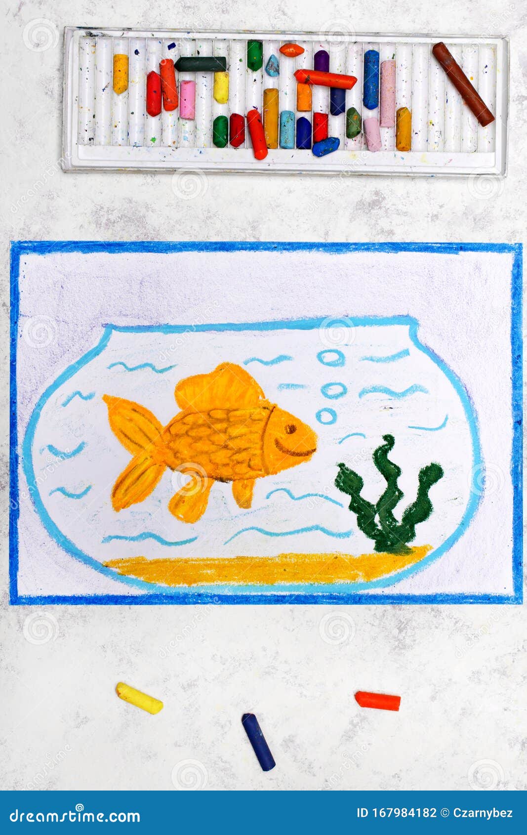 Drawing: Smiling Goldfish in Blue Fishbowl. Fish with Bubbles in Glass ... Drawing: Smiling Goldfish in Blue Fishbowl. Fish with Bubbles in Glass ...