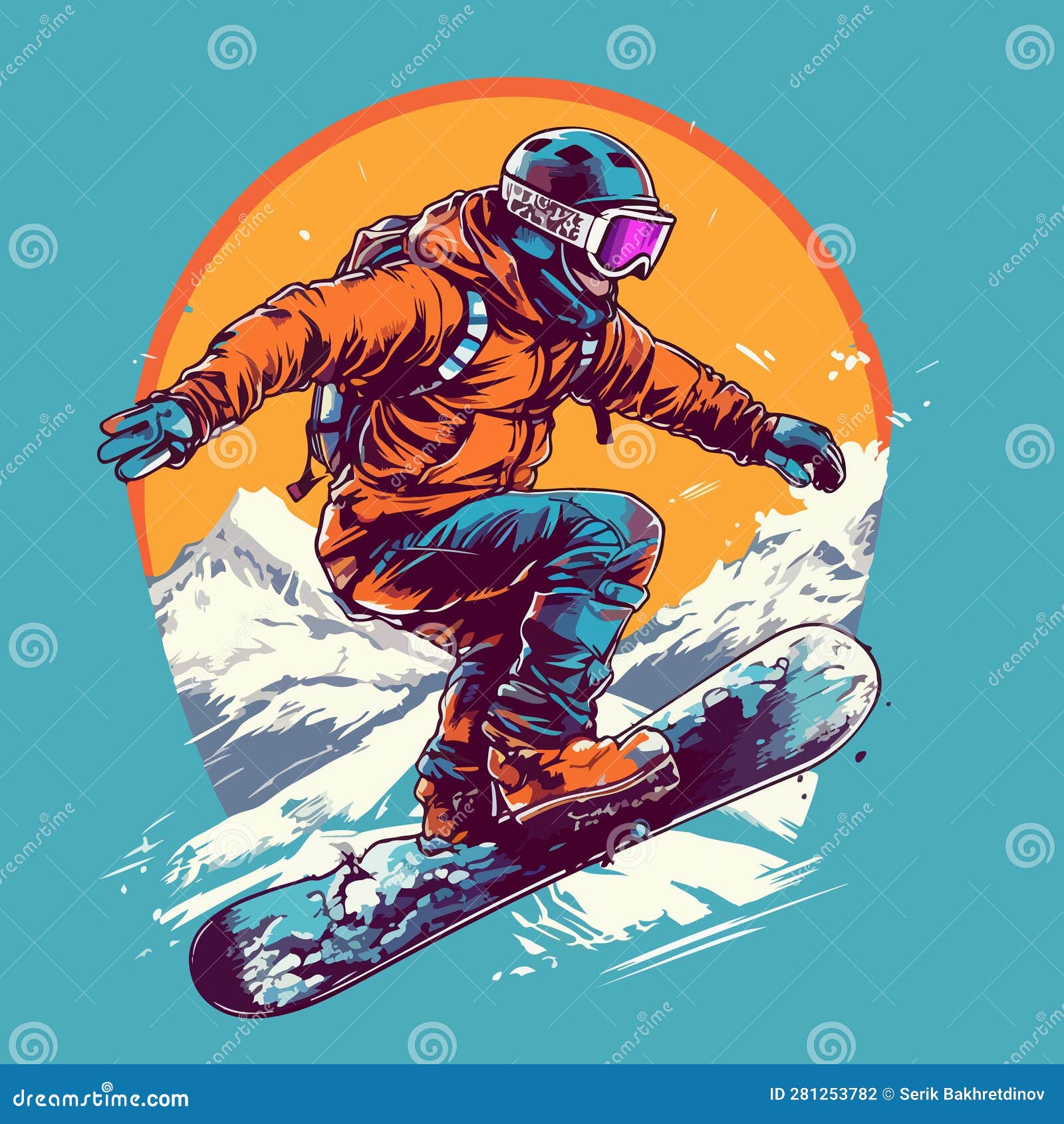 Drawing of a Snowboarder Riding on the Background of Mountains and ...