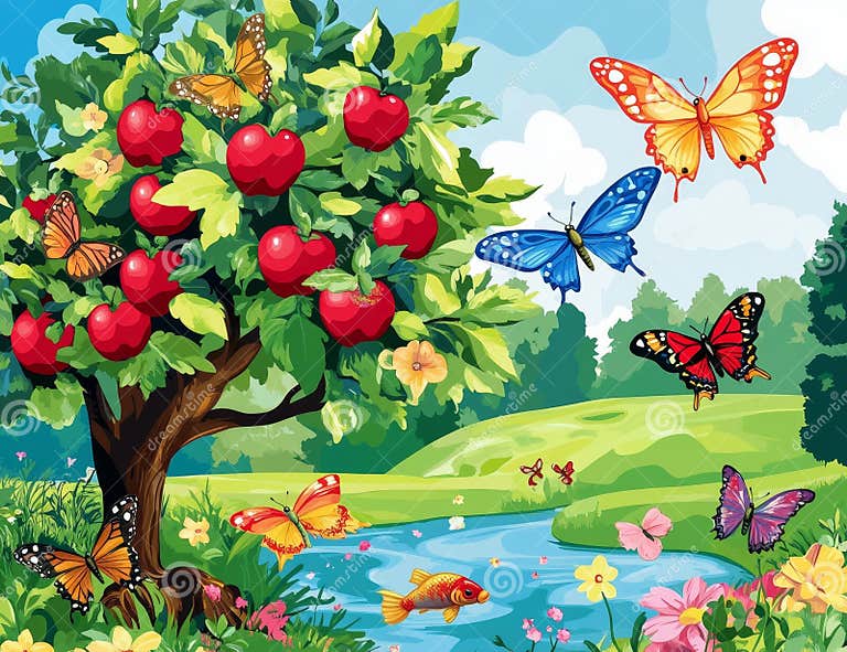 A Drawing of Some Insects Flying Around an Apple Tree Stock Image ...