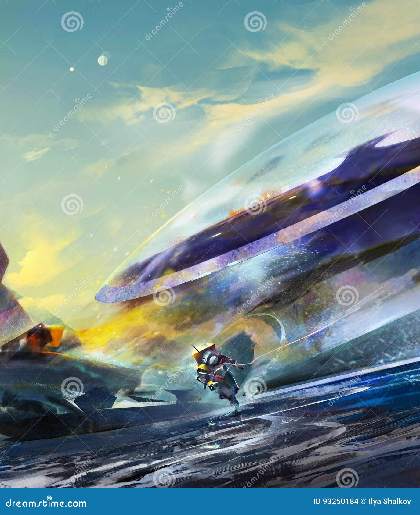 Drawing a Spaceship and an Astronaut on Planet Stock Illustration ...