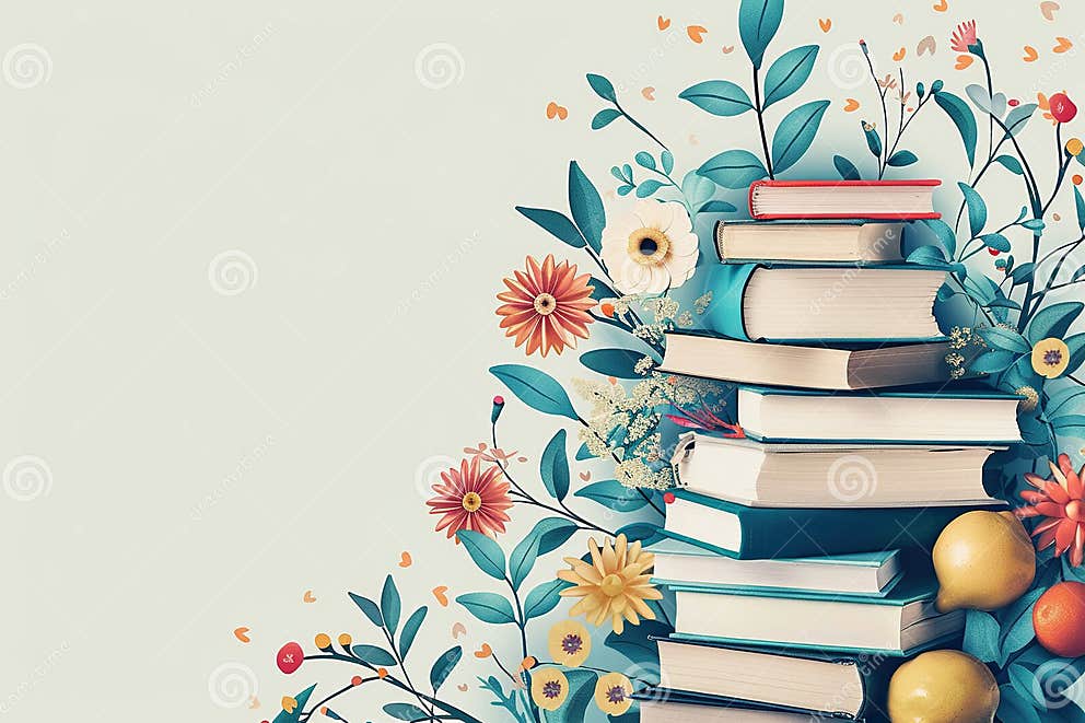 Drawing of a Stack of Books with Flowers and Space for Text. Banner ...