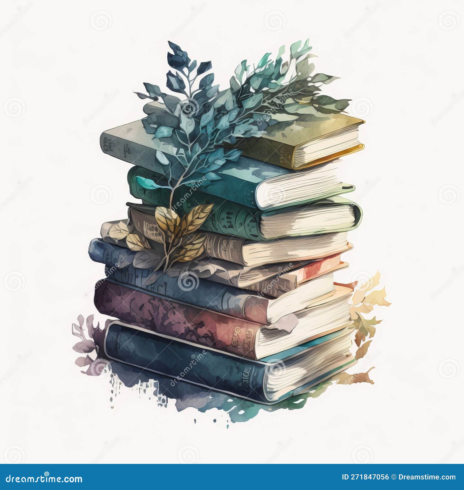 Drawing of a Stack of Books with Flowers Watercolor White Generative AI ...