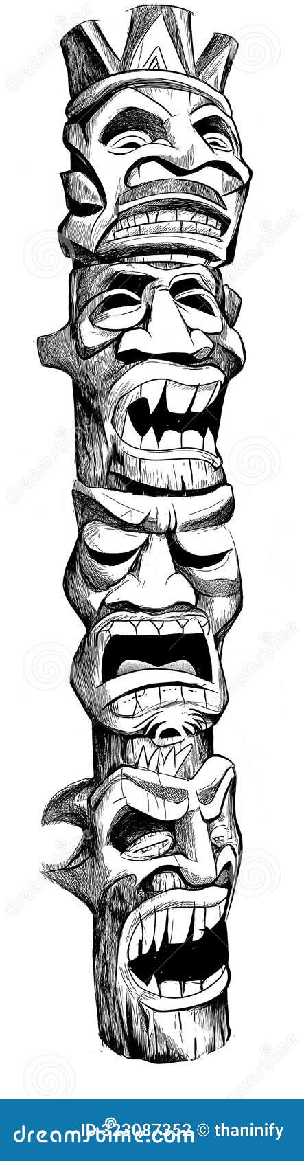 A Drawing of a Stack of Stacked Totems with Faces Stock Illustration ...