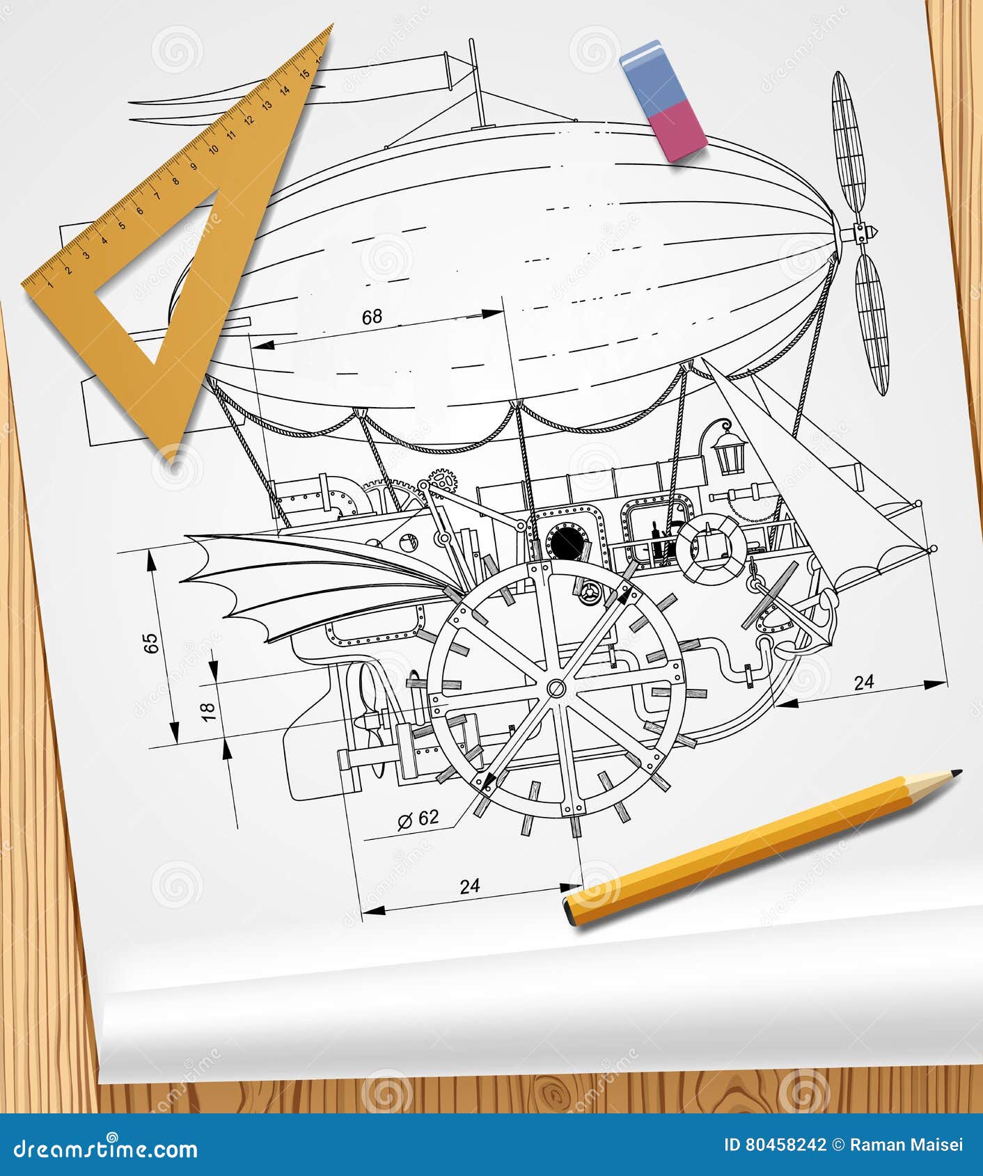 Drawing of Steampunk Complex Fantastic Flying Ship on Paper and Stock ...